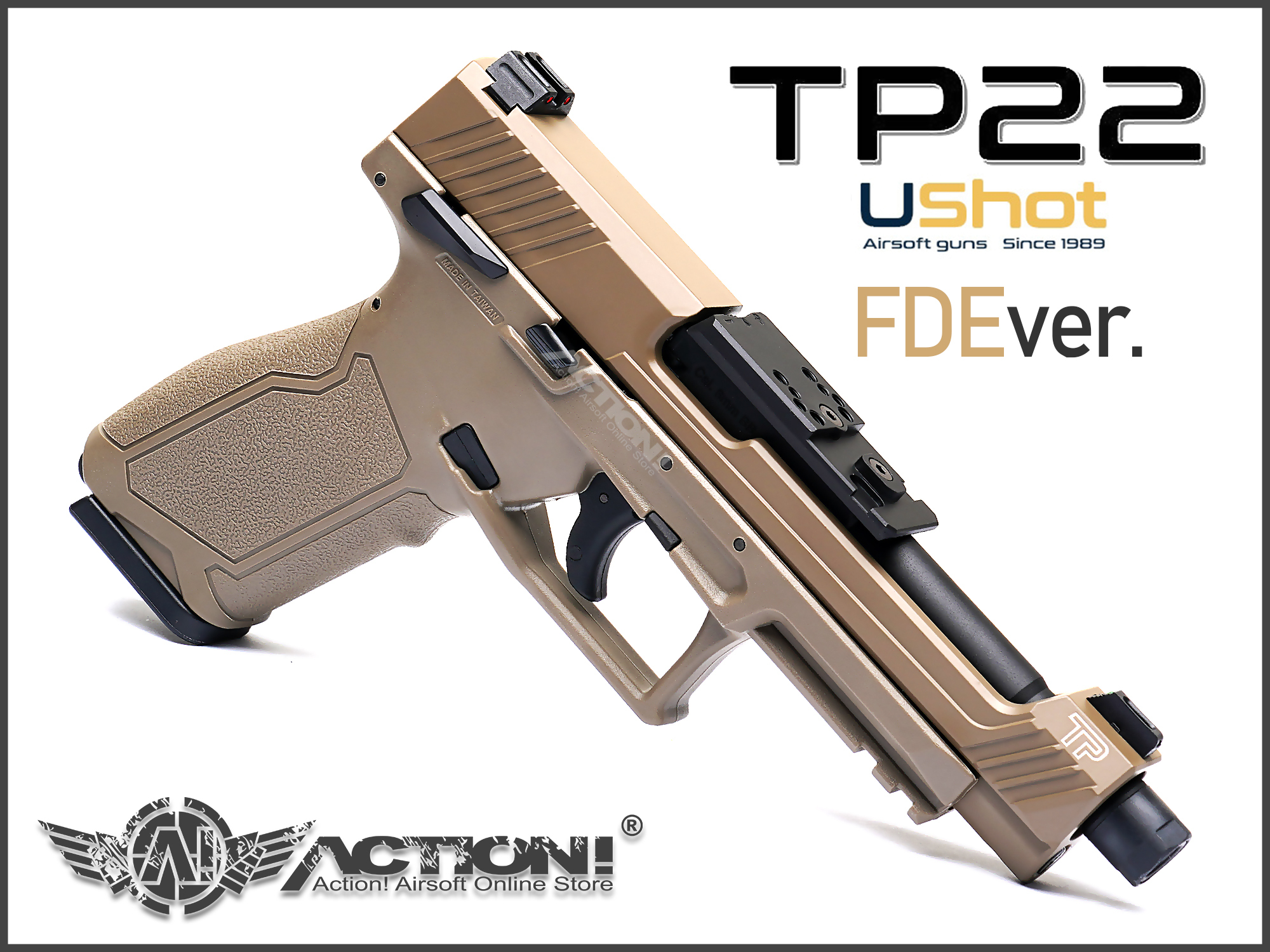 USHOT - TP22 GBB瓦斯手槍 /FDE 沙色 (單發 /連發 全自動功能 /快調HOP-UP設計