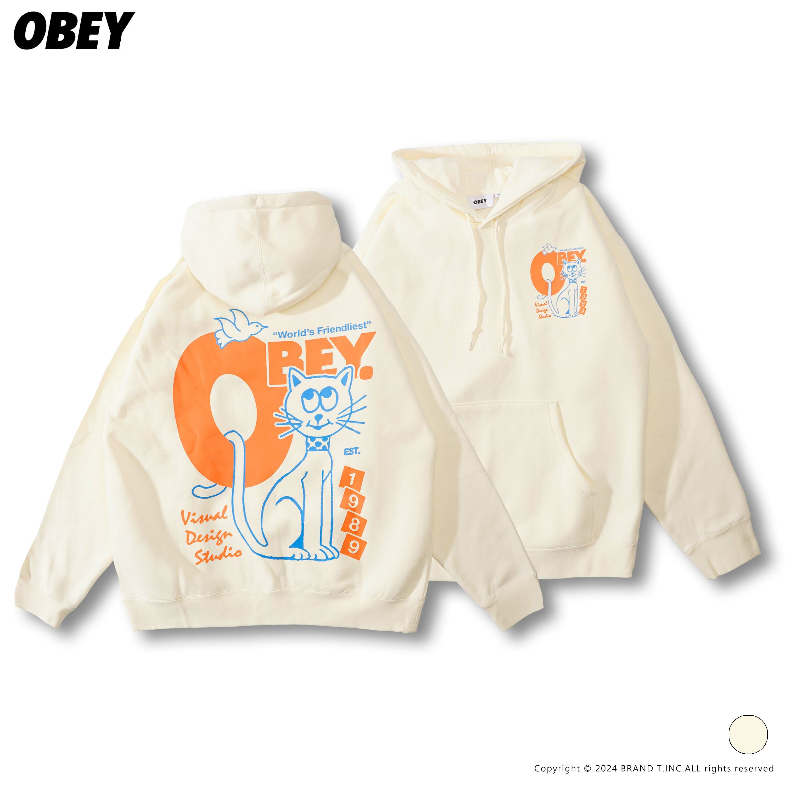 【OBEY】OBEY LIVE AGAIN NOW HOODIE 貓咪 小鳥 印刷 街頭 內刷毛 米白色 帽T