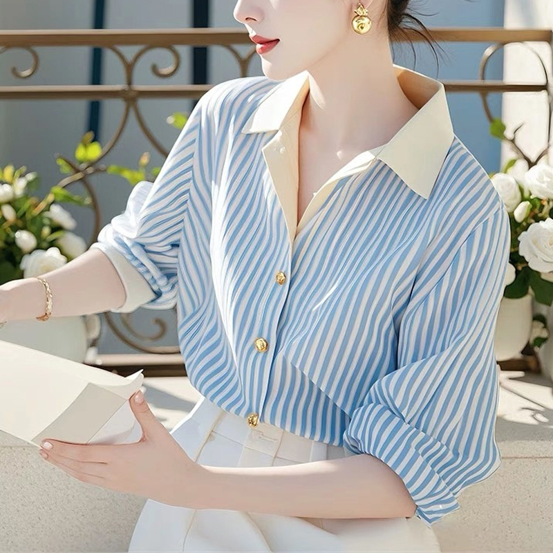 藍色豎條紋撞色領長袖女襯衣