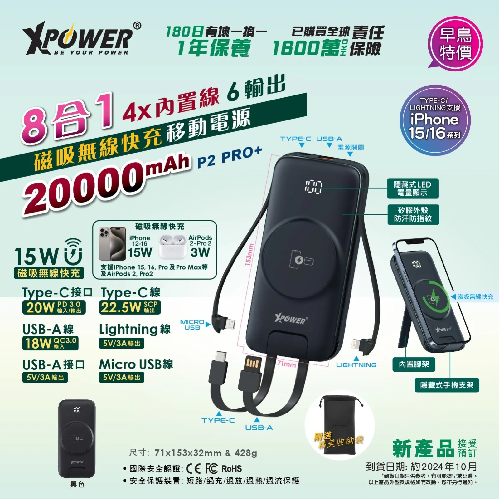 XPower P2 Pro+ 8合1 20000mAh 22.5W 磁吸無線 + PD3.0移動電源