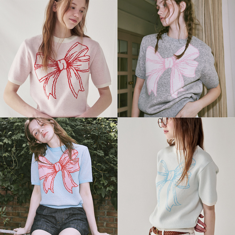 RONRON Ribbon Italy Cotton Short Knit 立體大蝴蝶結針織短袖上衣
