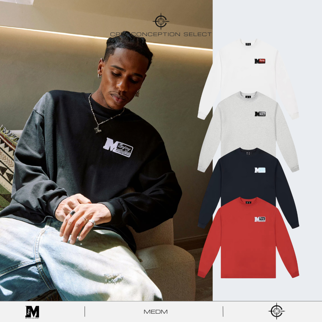 MEDM 胸前刺繡標章 美式重磅落肩寬鬆 長袖