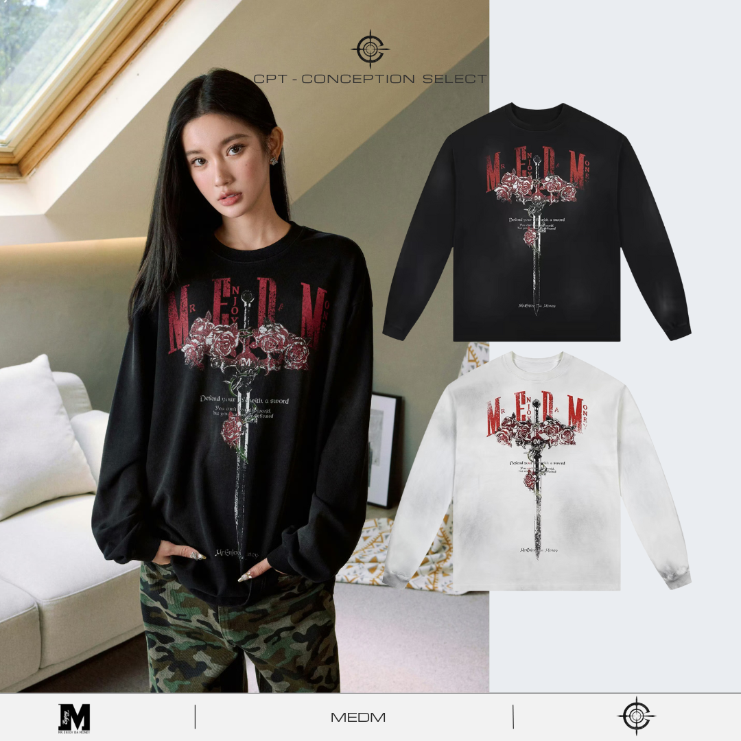MEDM 劍與玫瑰 水洗斑駁 美式重磅寬鬆 長袖