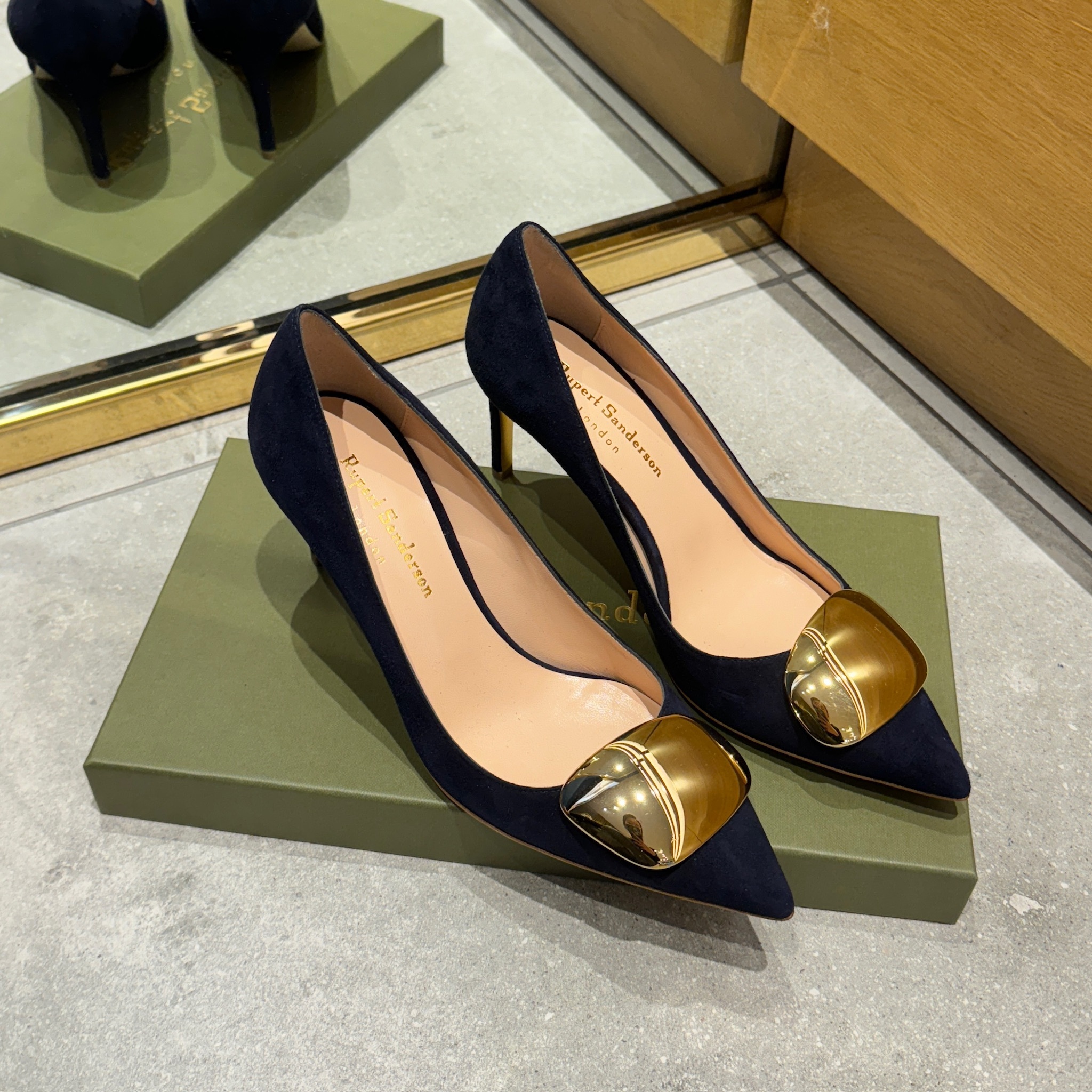 Rupert Sanderson RS Nada Midnight Suede Gold Heels