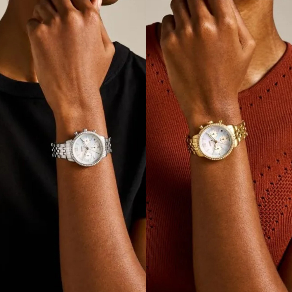 FOSSIL Neutra 綻彩三眼計時女錶 不鏽鋼鍊帶36MM（銀 ES5357／金 ES5358）時尚時計