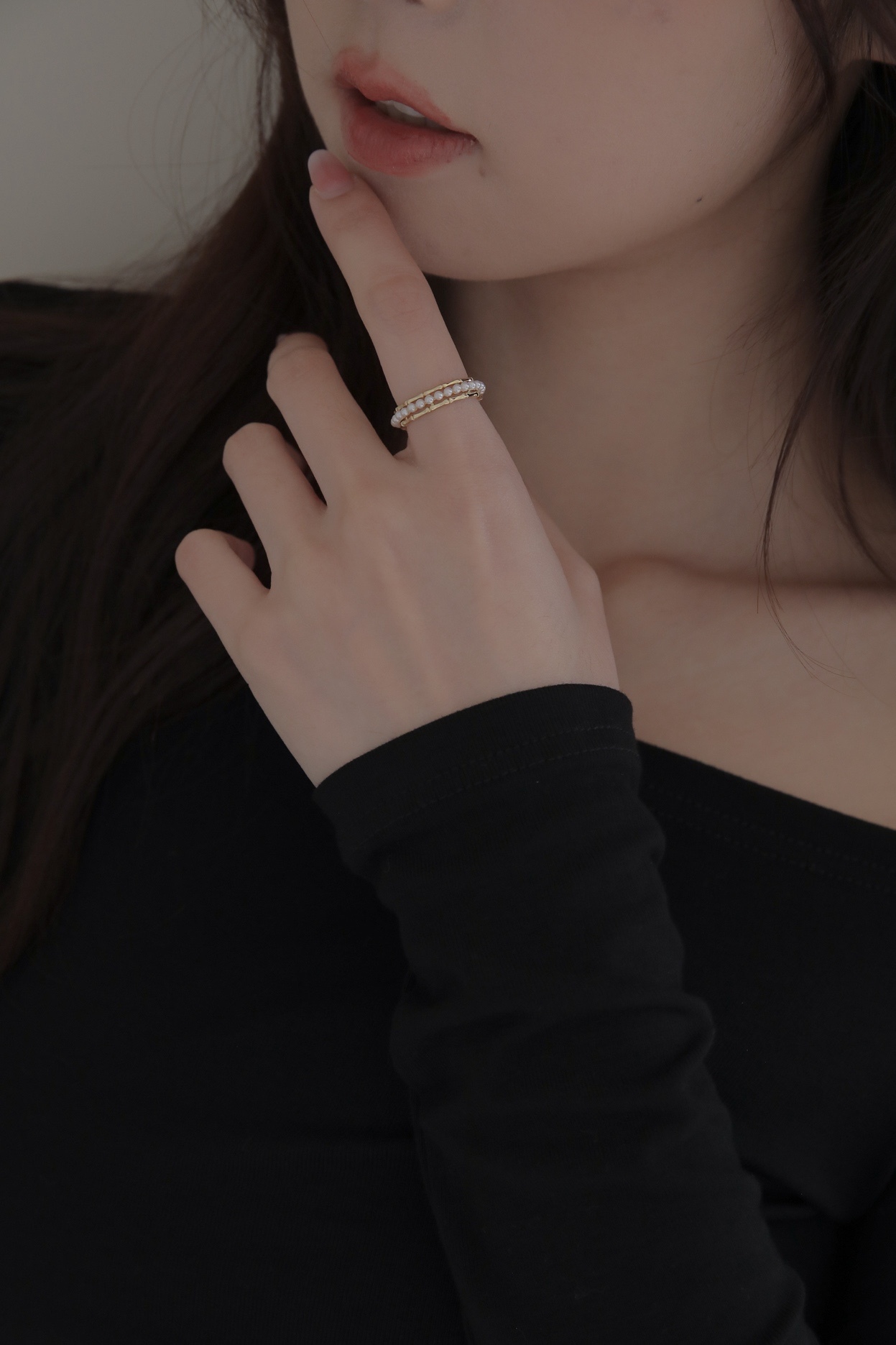 E210 雙層簍空珍珠開口戒(金色)