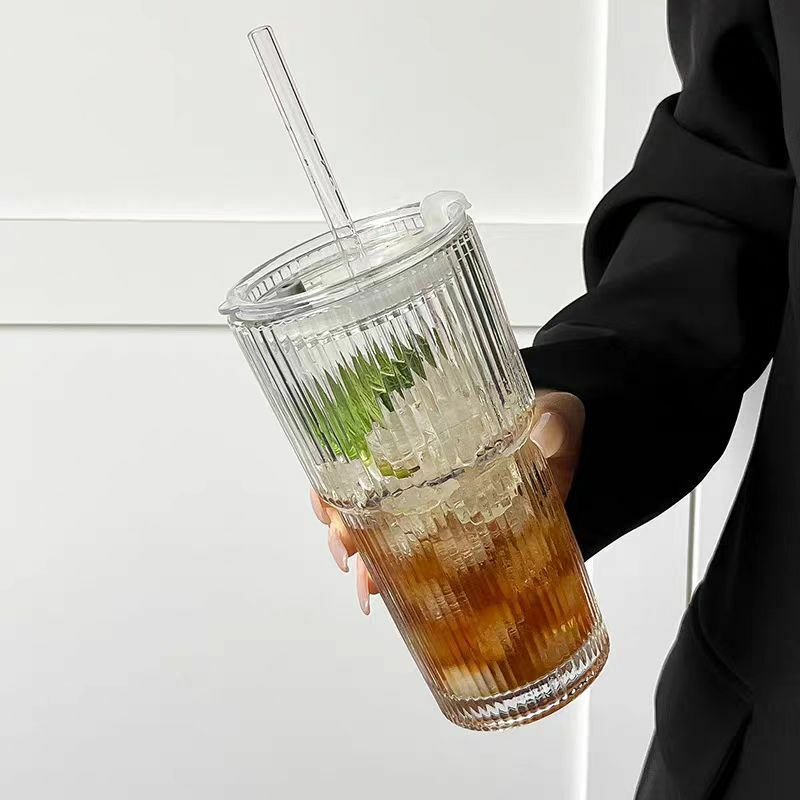 《5259》ins豎條紋玻璃吸管杯600ML