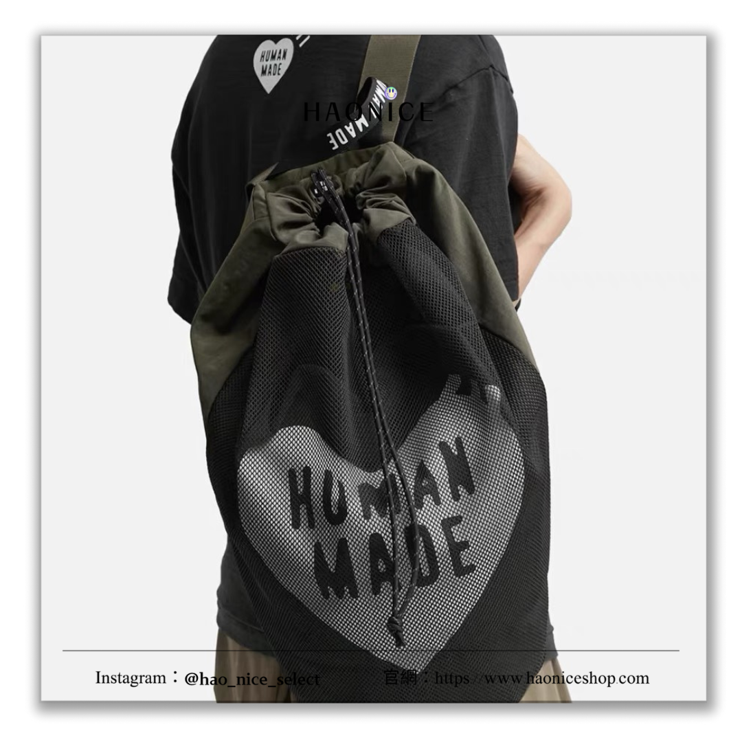 【HAO NICE】 HUMANMADE Drawstring Backpack 休閒復古風 愛心尼龍材質網眼抽繩雙肩後背包