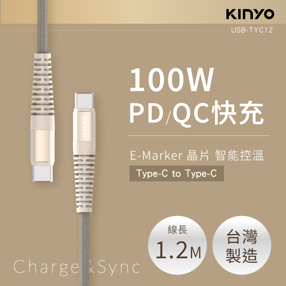 【KINYO】Type-C To Type-C PD 100W超快充數據線 (USB-TYC)