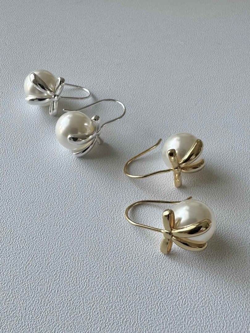 S925 pearl bow hook pierce | none tw