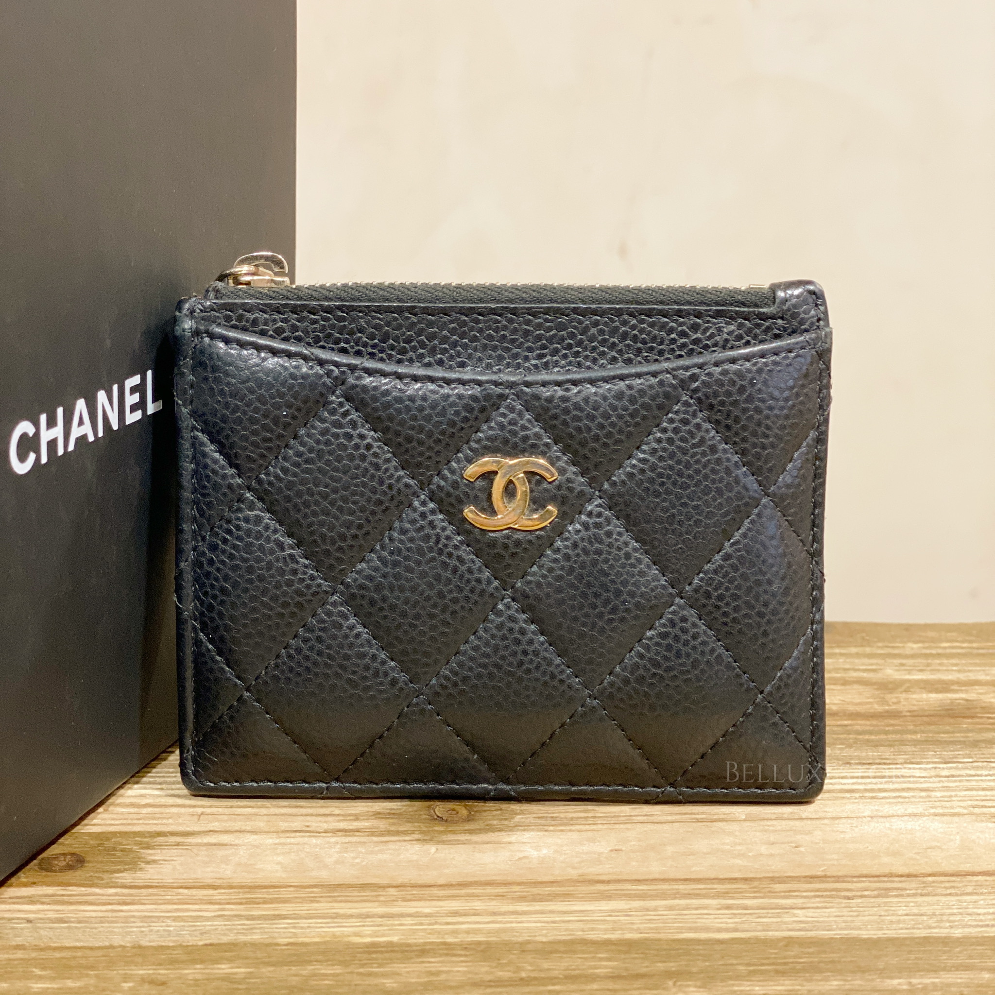 [Pre-owned] Chanel zip cardholder caviar black/ gold