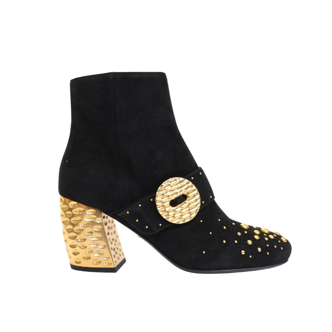【NEW】PRADA STUDDED SUEDE METALLIC HEEL BOOTIES 37 E1952