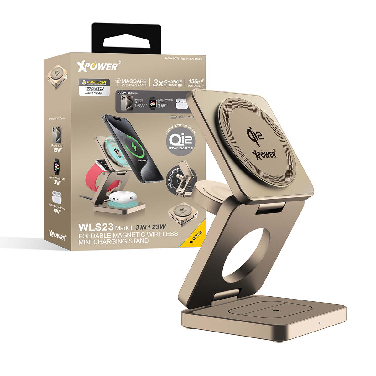 XPower WLS23 Mark II 3合1 Qi2 23W MagSafe磁吸無線充電座