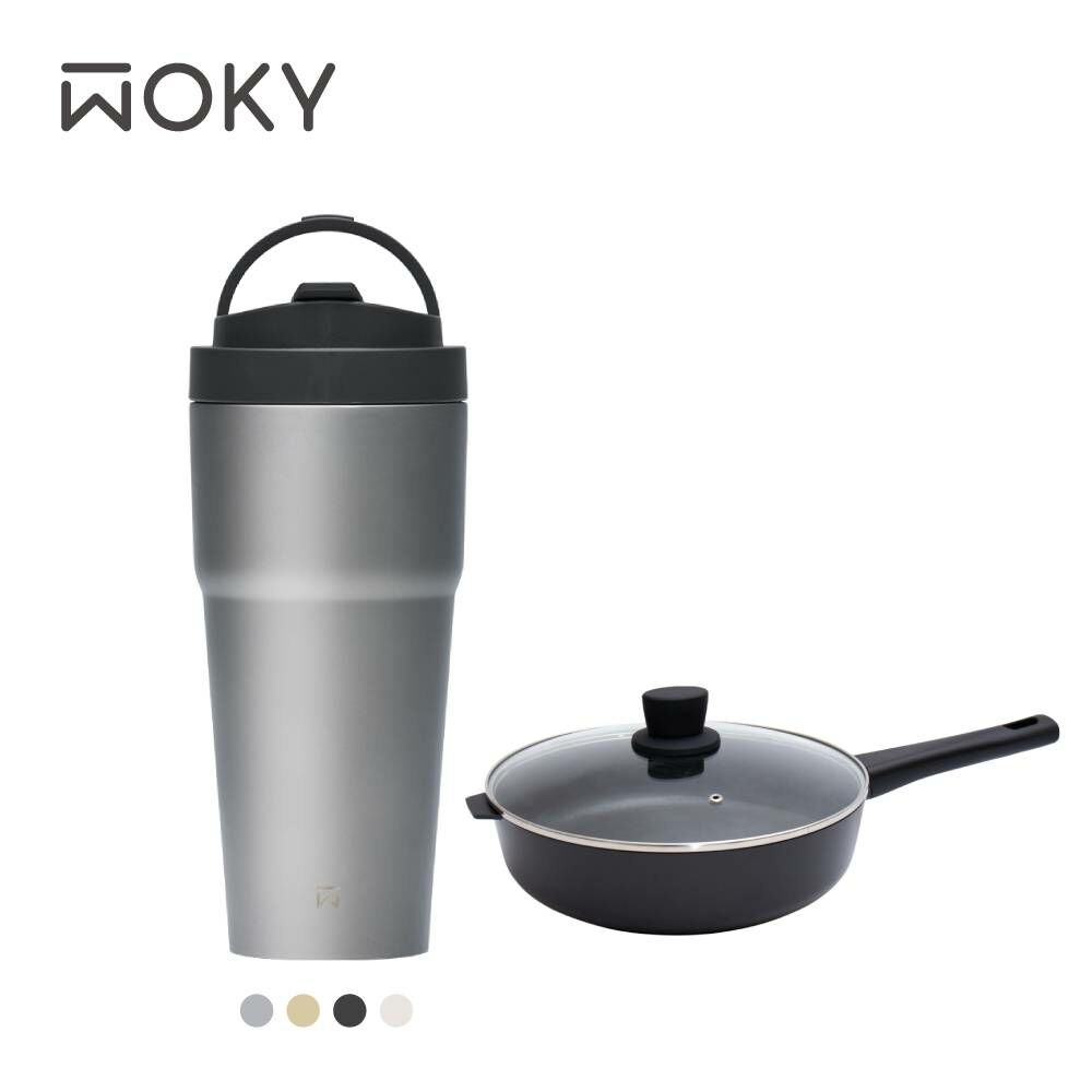 【WOKY 沃廚】Ti 純鈦渾圓杯770ml-AllDay隨行款 (抗熱款)+平煎不沾鍋
