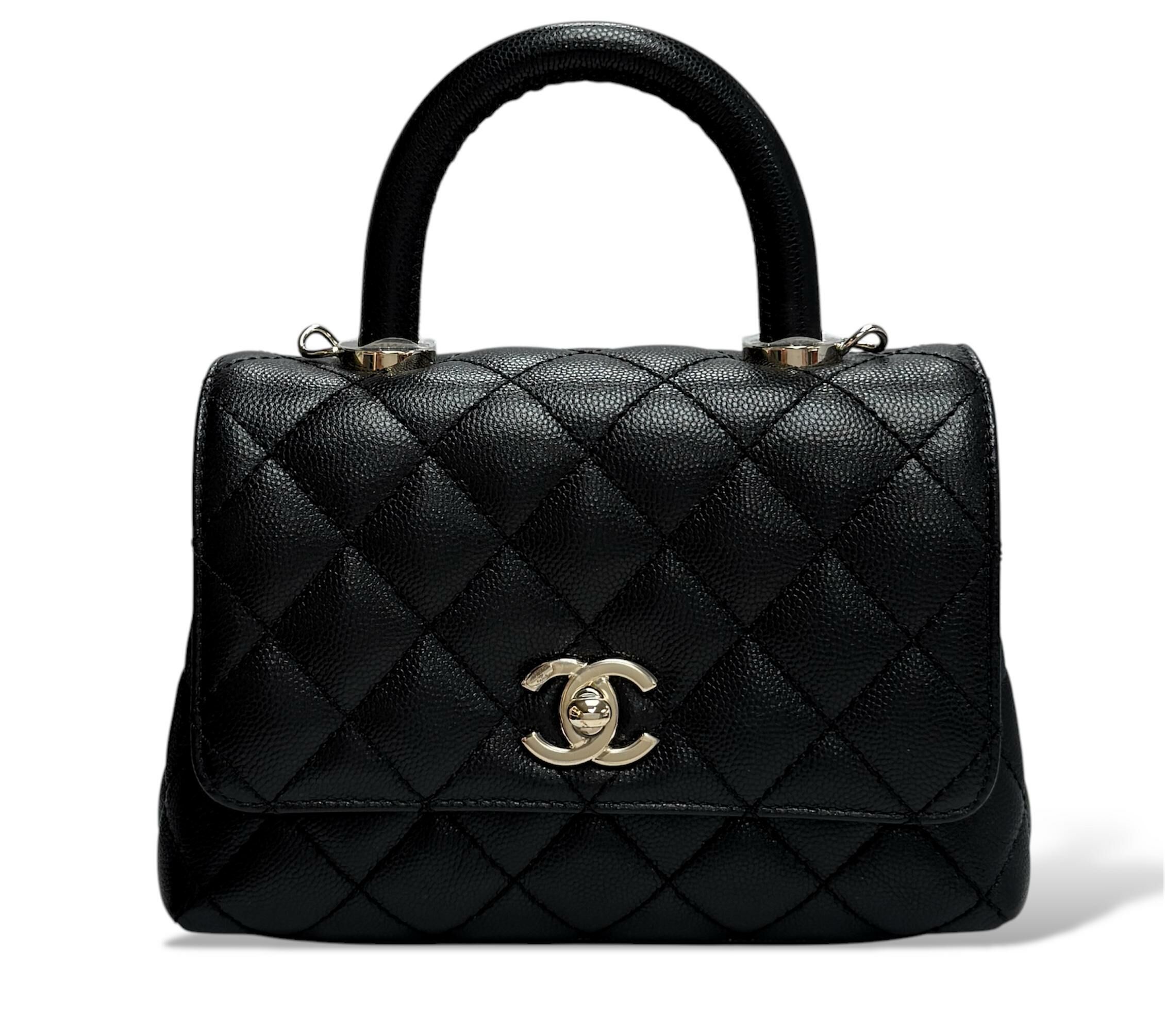 (罕有接近全新！超美黑金牛皮）CHANEL MINI COCO HANDLE