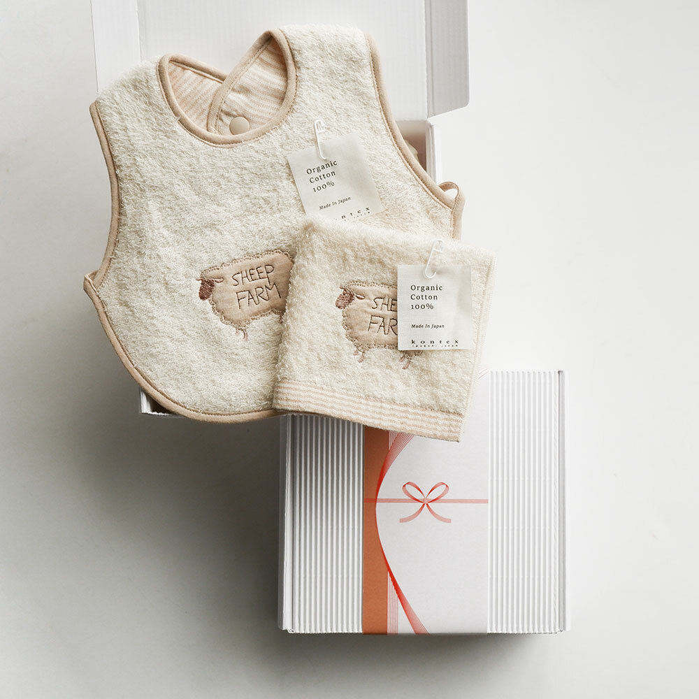 🎁【kontex】日本製今治有機棉Fluffy系列方巾圍兜禮盒-綿羊/大象