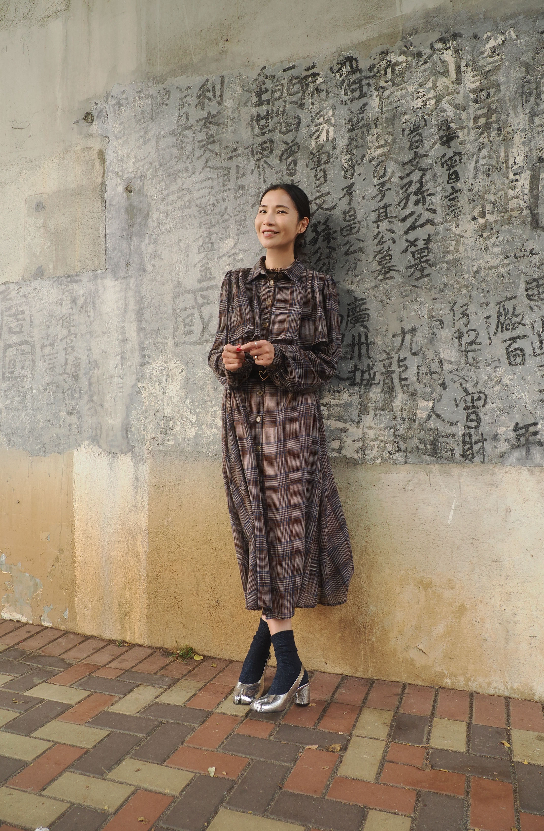 check pattern chiffon one piece (brown)
