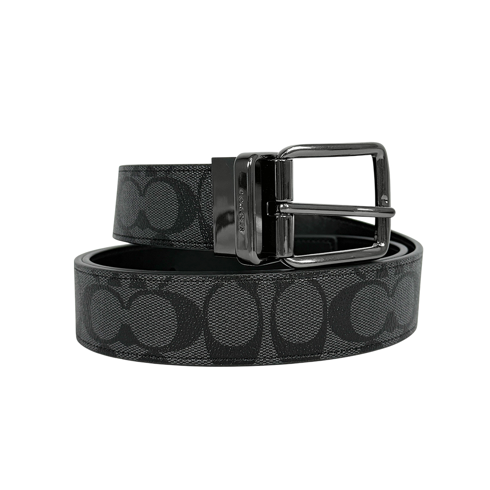 【COACH】CC Logo 帆布及小牛皮寬3.8cm雙面可用皮帶(炭灰色/黑色)