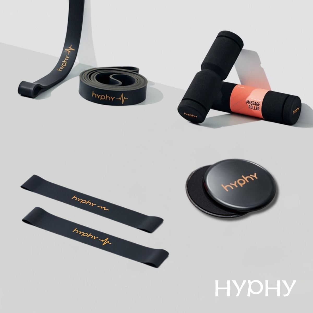 HYPHY 黑禮盒自由配-四選三｜彈力帶,按摩滾筒,健身滑盤任你選