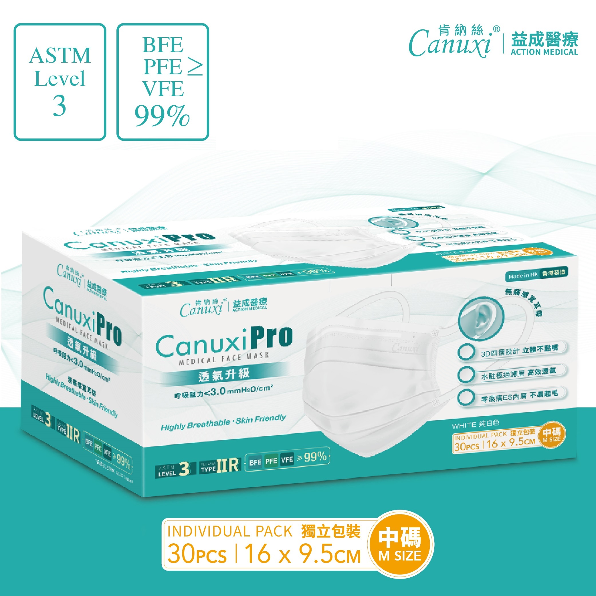 Canuxi Pro 香港製 - 高透氣外科耳掛式口罩 ASTM Level 3