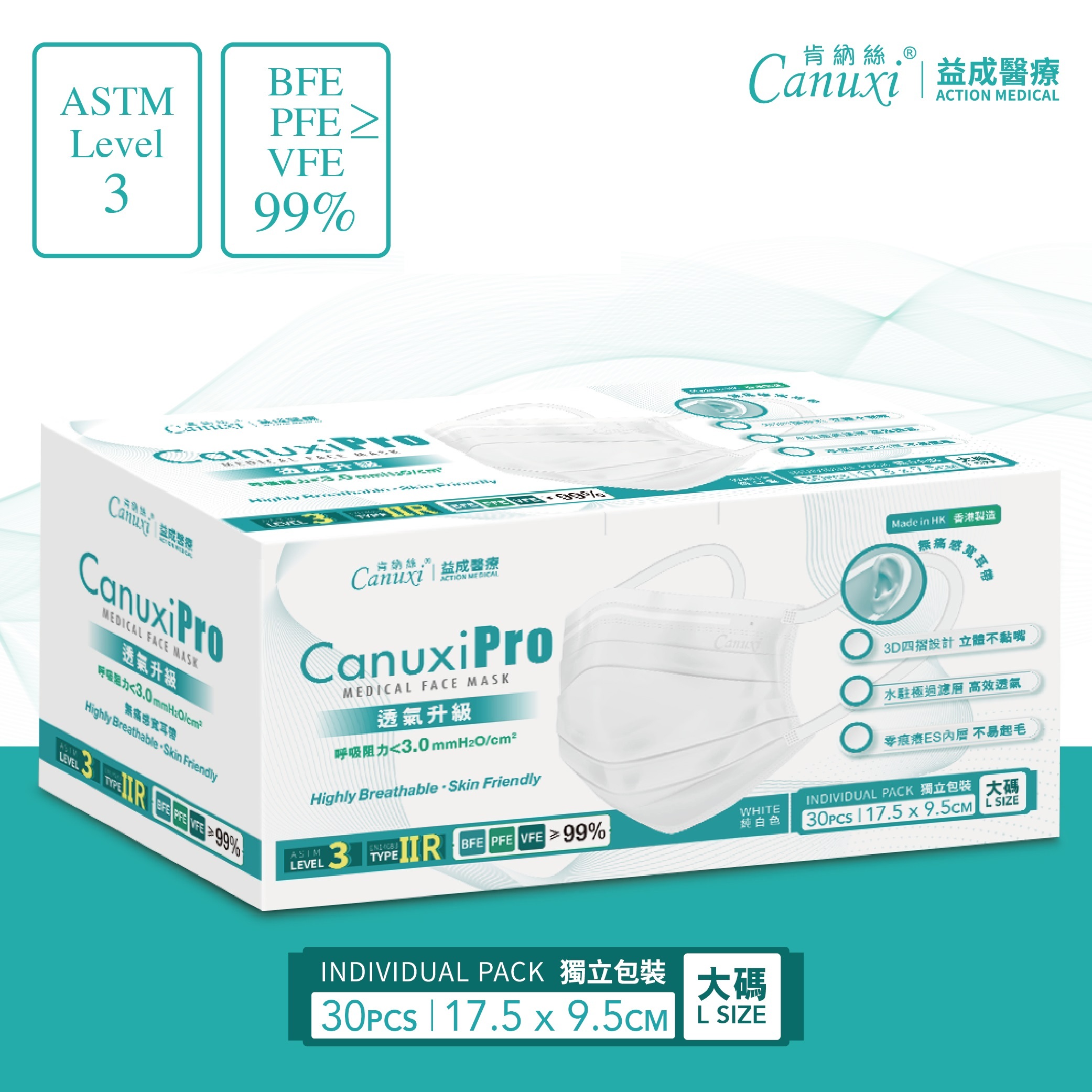 Canuxi Pro 香港製 - 高透氣外科耳掛式口罩 ASTM Level 3