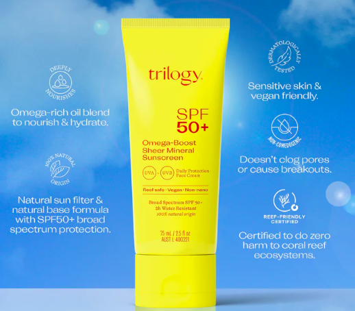 Trilogy SPF 50+ Omega-Boost Sheer Mineral Sunscreen 75m