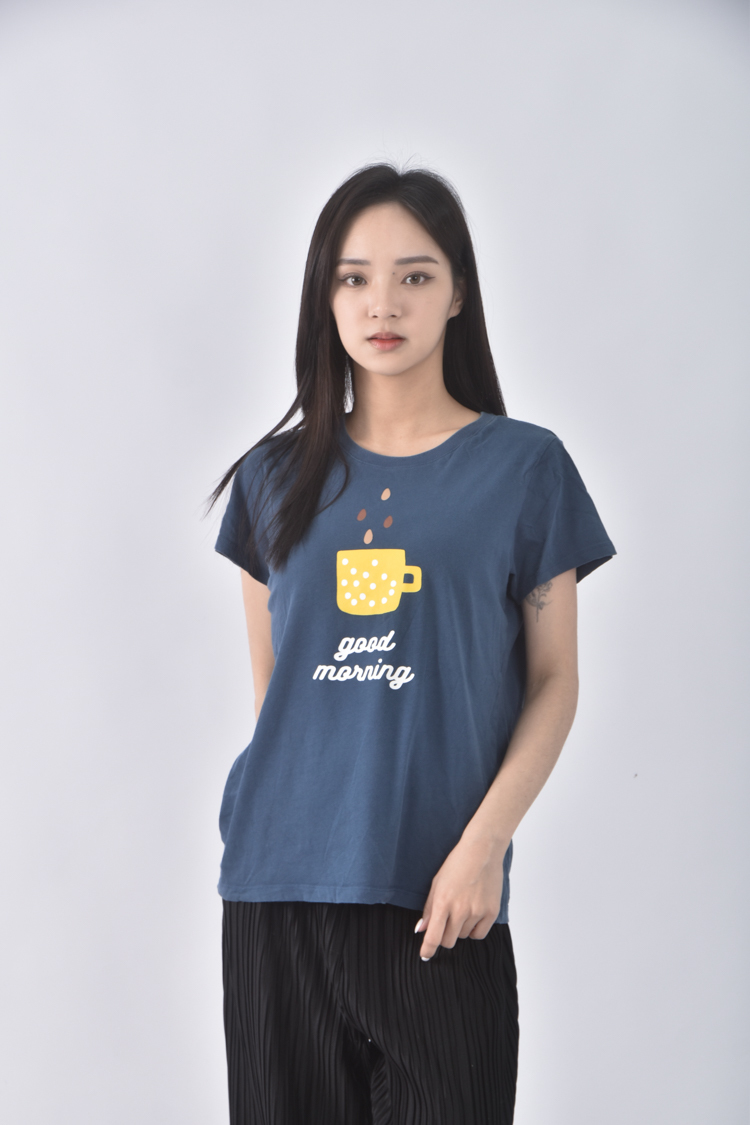 二拾衫-(S) lativ棉質純棉圖案藍色短袖上衣二手衣｜30日無條件退貨