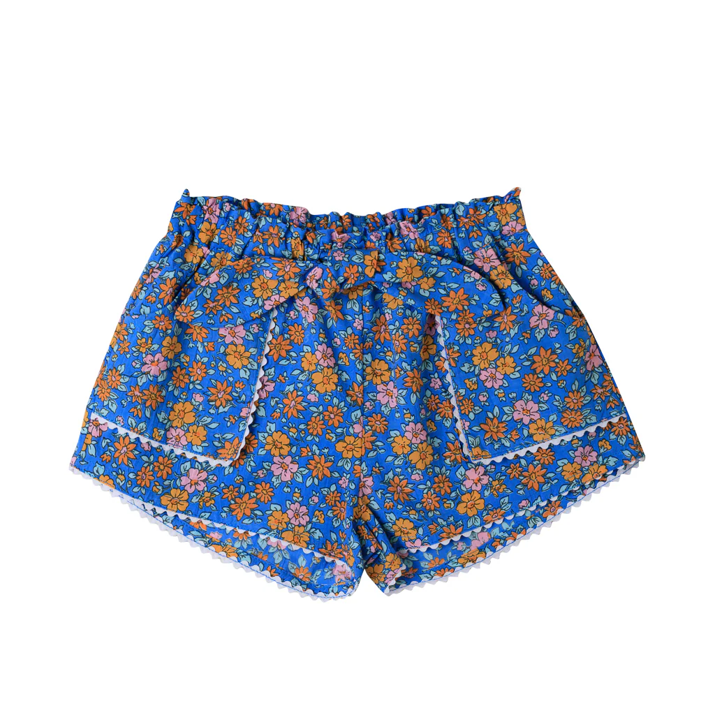 Kidsagogo Helene 亮藍小花綁帶短褲 3~7Y