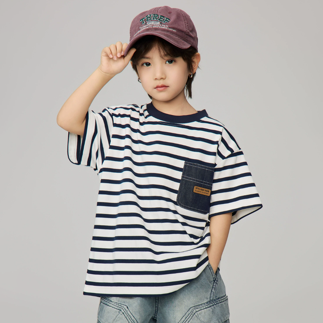 B0761 牛仔貼布口袋條紋圓領棉質tee