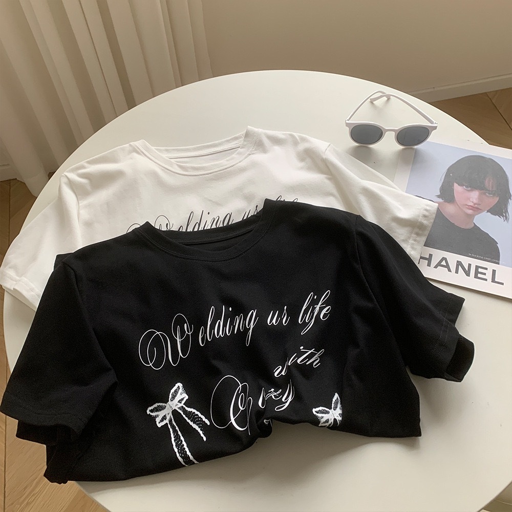 草寫設計感蝴蝶結TEE ˚ ༘