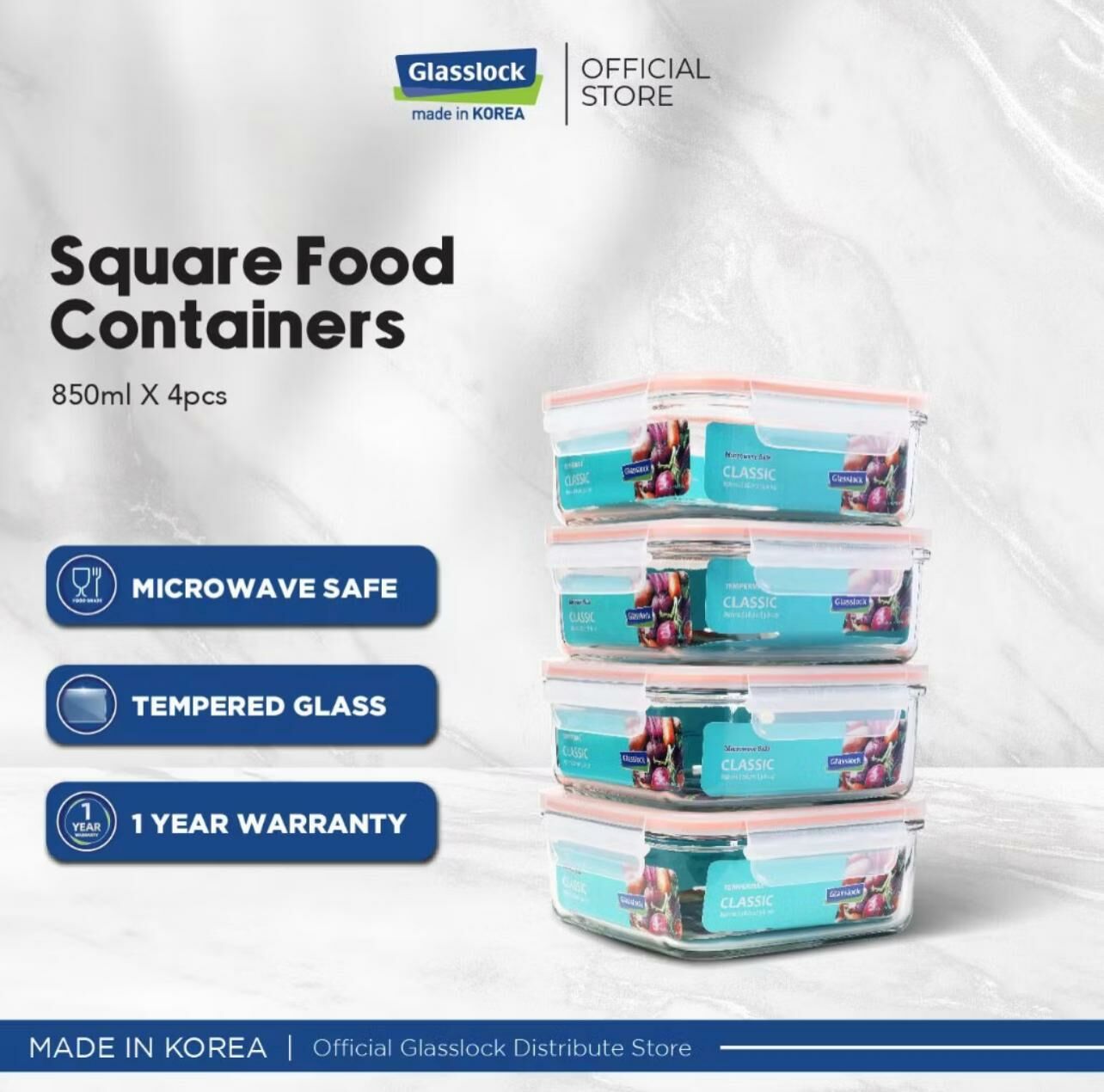 Glasslock Square Food Container 850ml 4pcs Set (Iced Ma