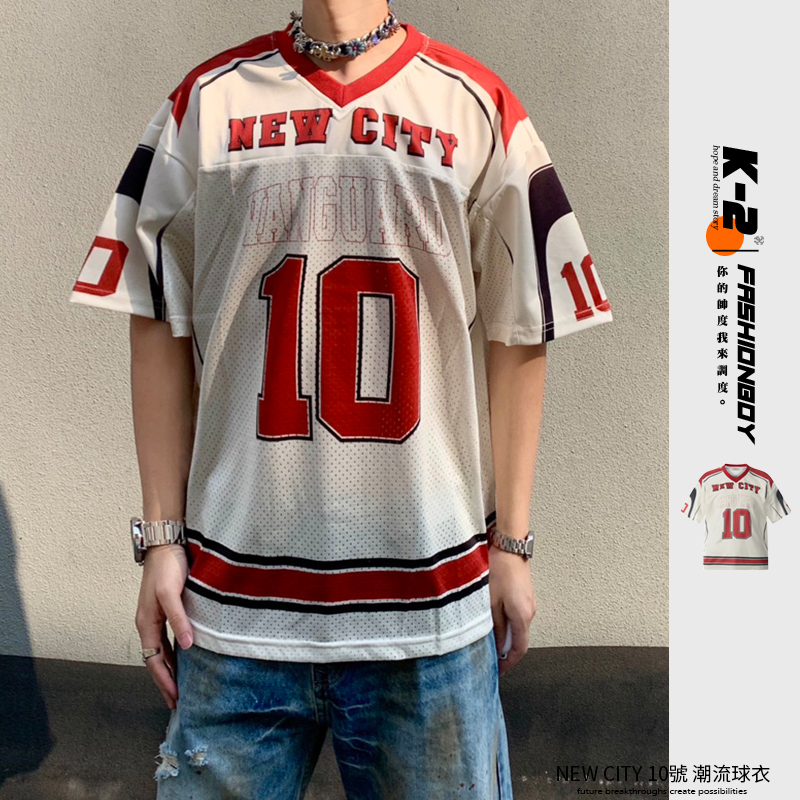 【K-2】CONTEST 52號 拼接撞色 潮流 V領球衣 短袖上衣 穿搭 男女不拘 街頭 寬鬆 K2【J42