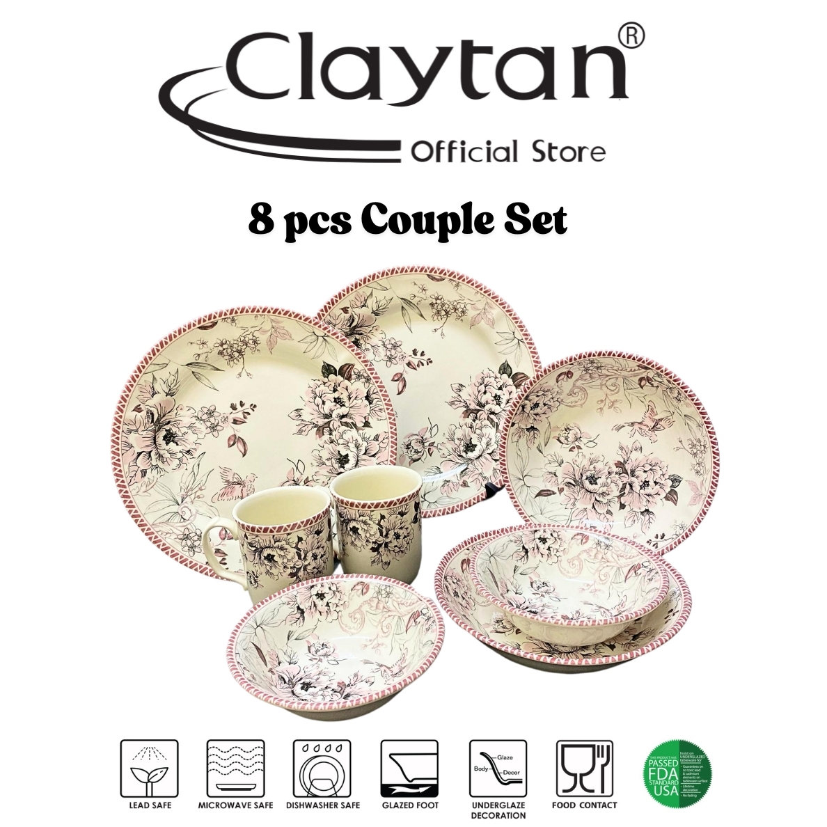 CLAYTAN 8 PCS COUPLE SET (2 PAX) Lead Safe Ceramic Tableware Pinggan ...