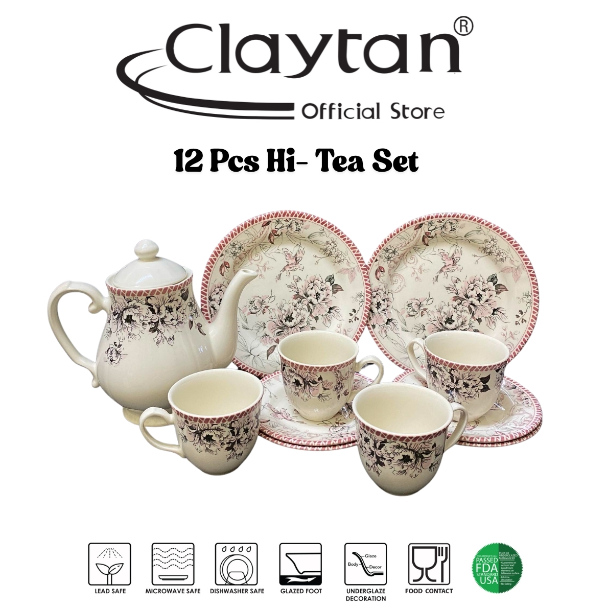 CLAYTAN 12 PCS HI- TEA SET (4 Pax) Lead Safe Ceramic Tableware Pinggan ...