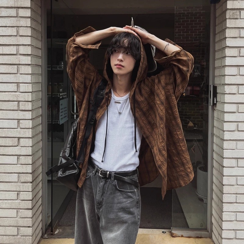 復古格紋連帽襯衫 - NN186