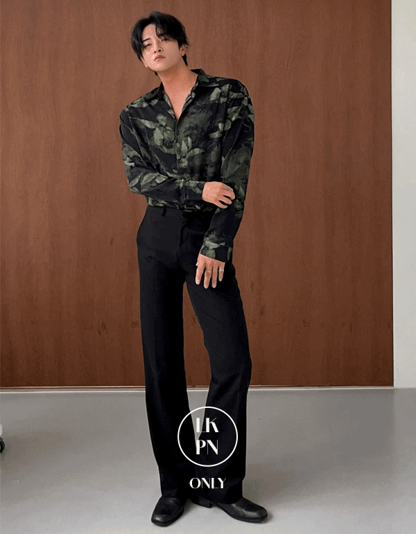 韓國男裝 深綠色絲綢花朵襯衫 韓潮著衣