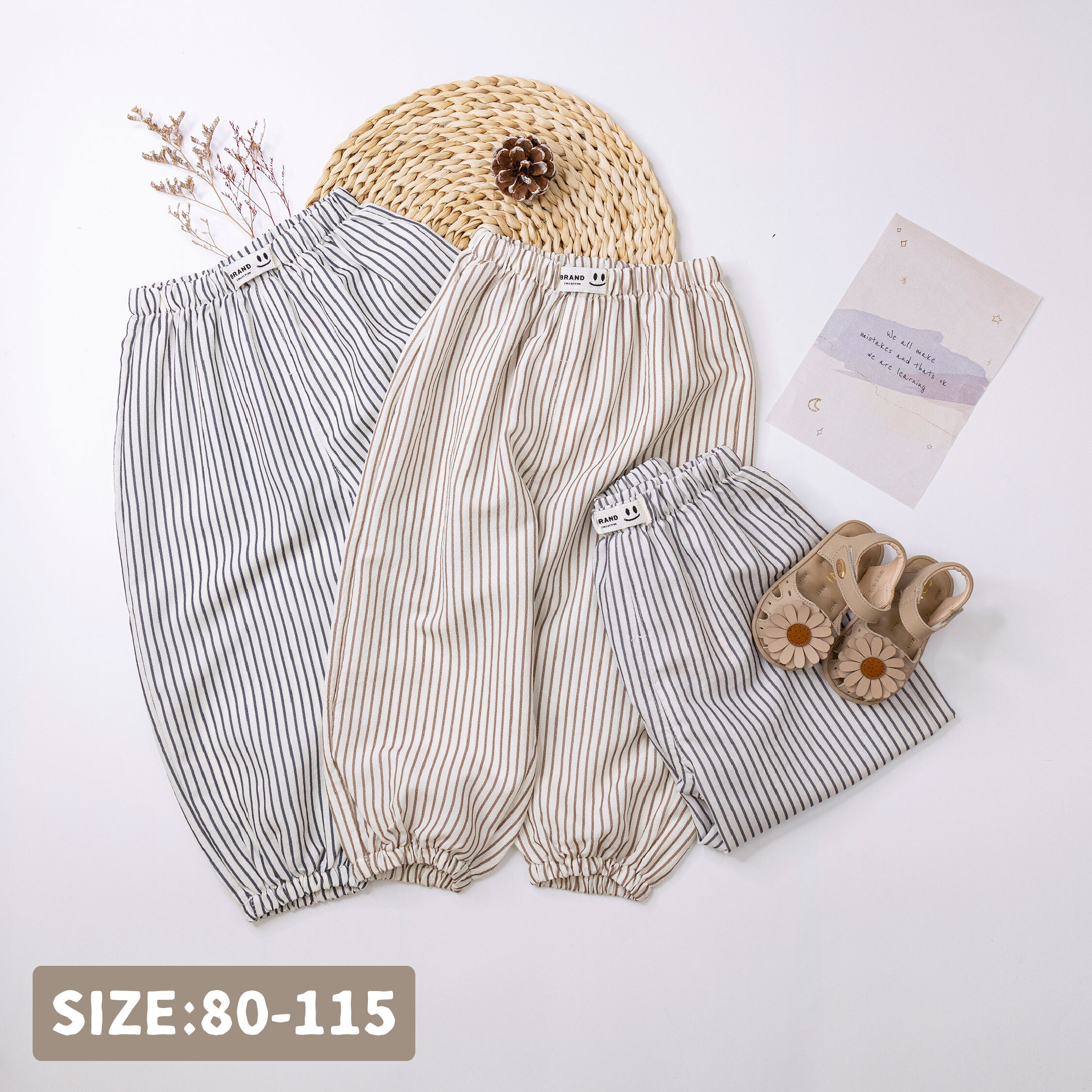 流行童裝【H50473】經典條紋笑臉字母小標縮口褲＊三色