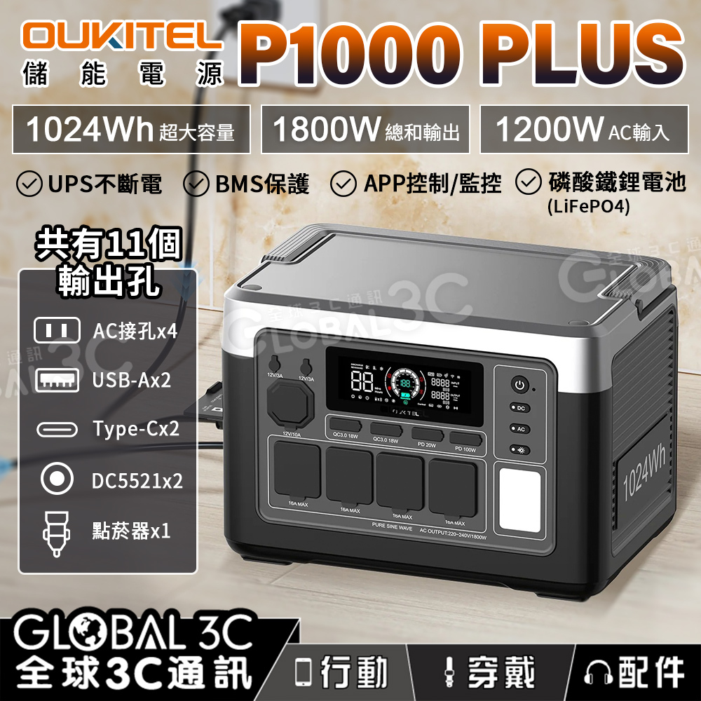 OUKITEL P1000 PLUS 儲能電源 1024Wh/1800W輸出 磷酸鐵鋰電池 AC插座 戶外 露