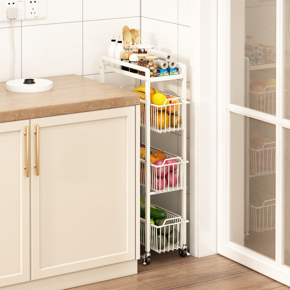 【AOTTO】四層可抽拉附輪夾縫收納架(KC-046)