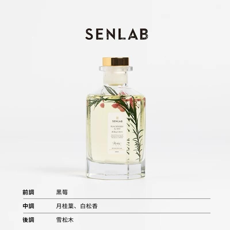 SENLAB - 居室天然香氛藤枝擴香組｜六角玻璃瓶｜黑莓子與月桂葉｜160毫升