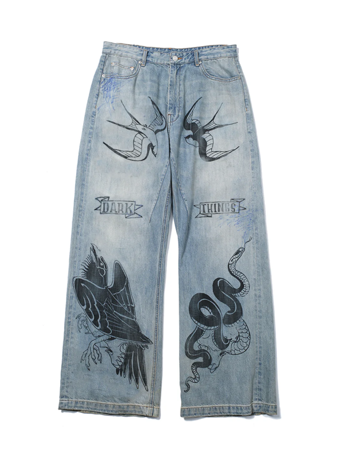 SONGAADON Tattoo Print Jeans