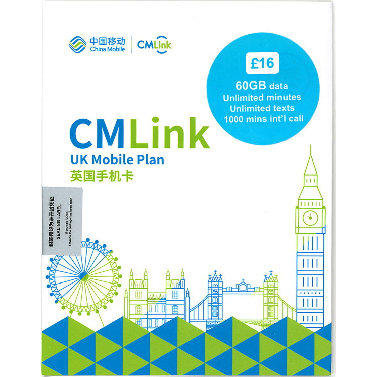 中國移動英國 - CMLink UK【60GB / 1個月】英國及歐洲 40+國家地區 5G/4G/3G上網卡