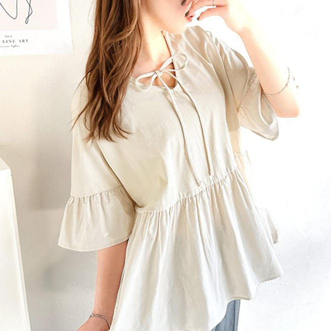 Classical Elf 2-Way Cotton Silky Peplum Ribbon Top