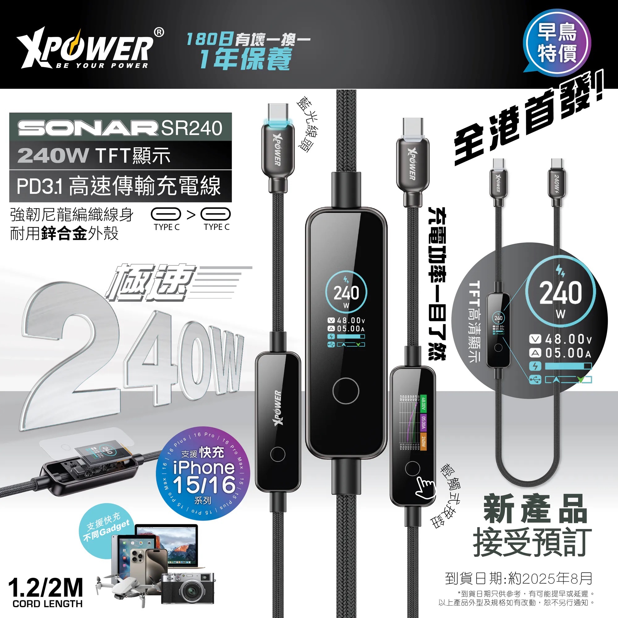 XPower SONAR SR240 TFT顯示鋅合金 240W PD3.1高速傳輸充電線