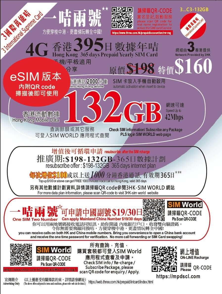 (E-SIM)「3萬能卡」香港本地年卡24GB/132GB版E-SIM。