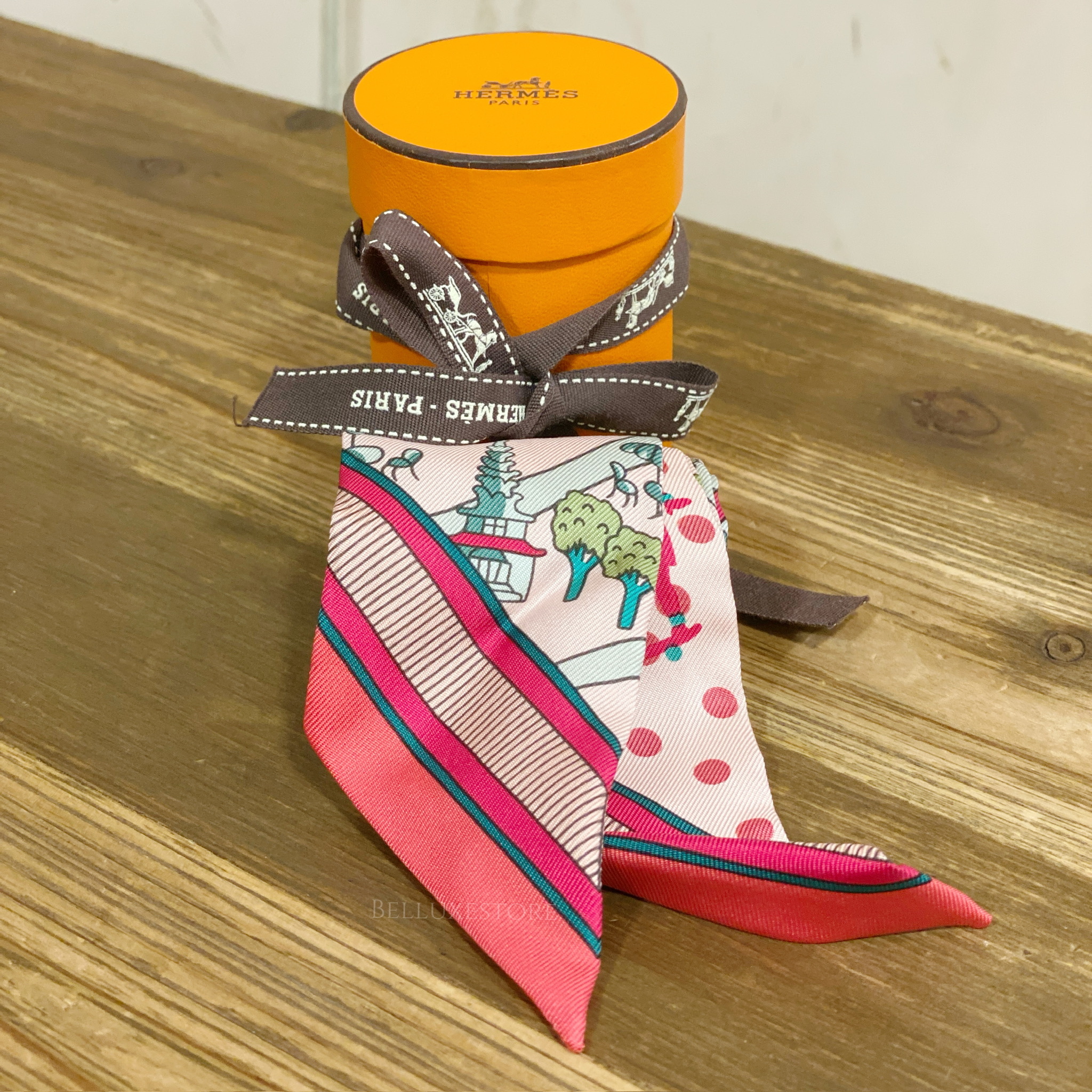 [Pre-owned] Hermes twilly pink/ dot