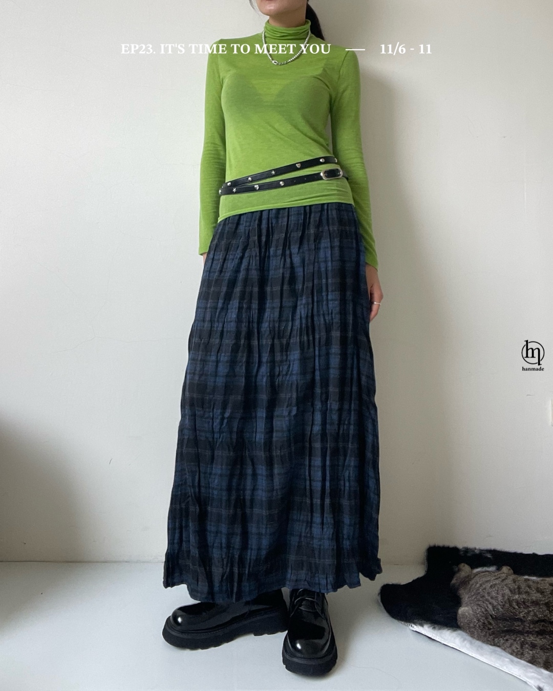 現貨 P0863-韓國設計師皺皺格長裙 黑藍/黑灰