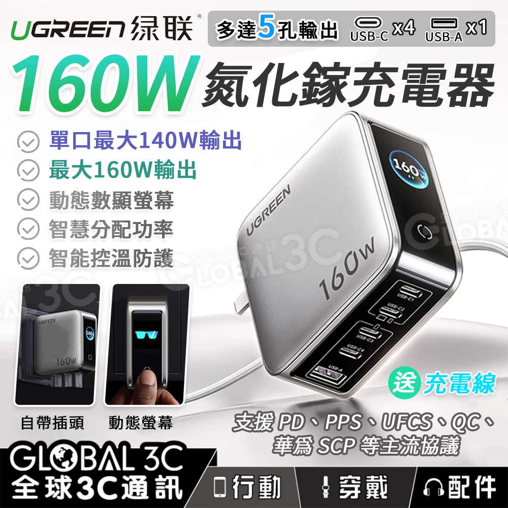 綠聯 160W 氮化鎵充電器 螢幕顯示 5口充電 PD3.1/QC/UFCS/SCP 單口140W 摺疊插頭