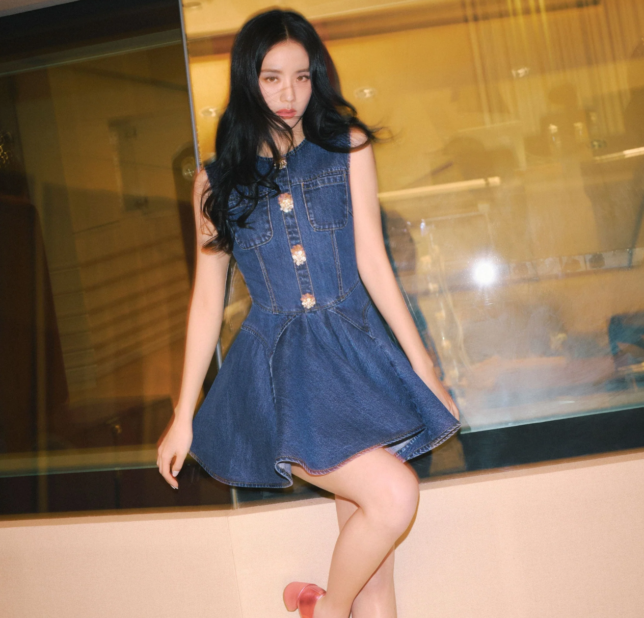 24 Self-Protrait Denim Skater Mini Dress
