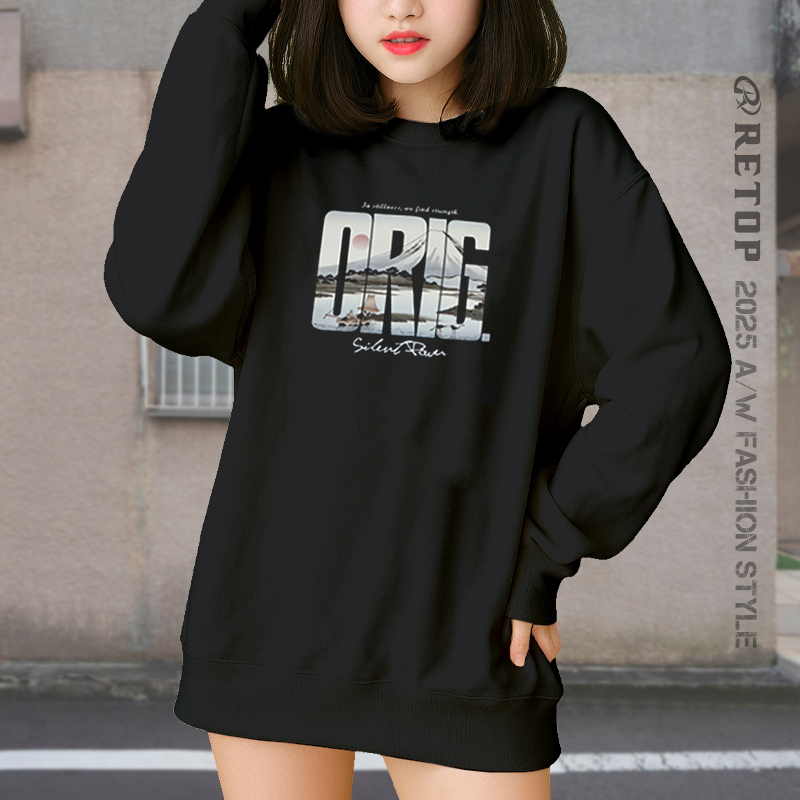 RETOP 街頭龐克 浮世本源落肩大學T 黑| RETOP原創潮流服飾品牌